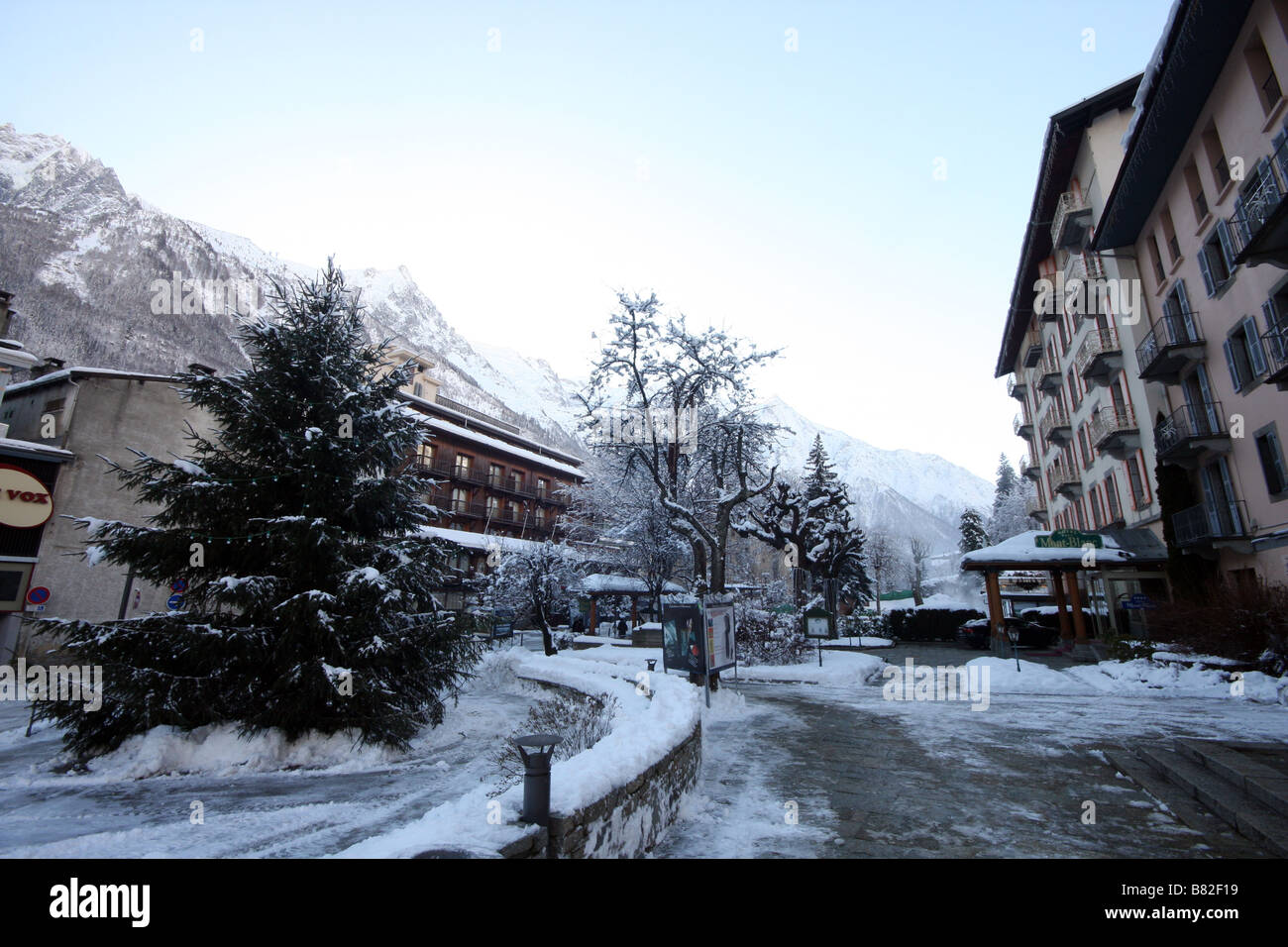 Snow melting in a street in the village of Chamonix Mont Blanc, France ...