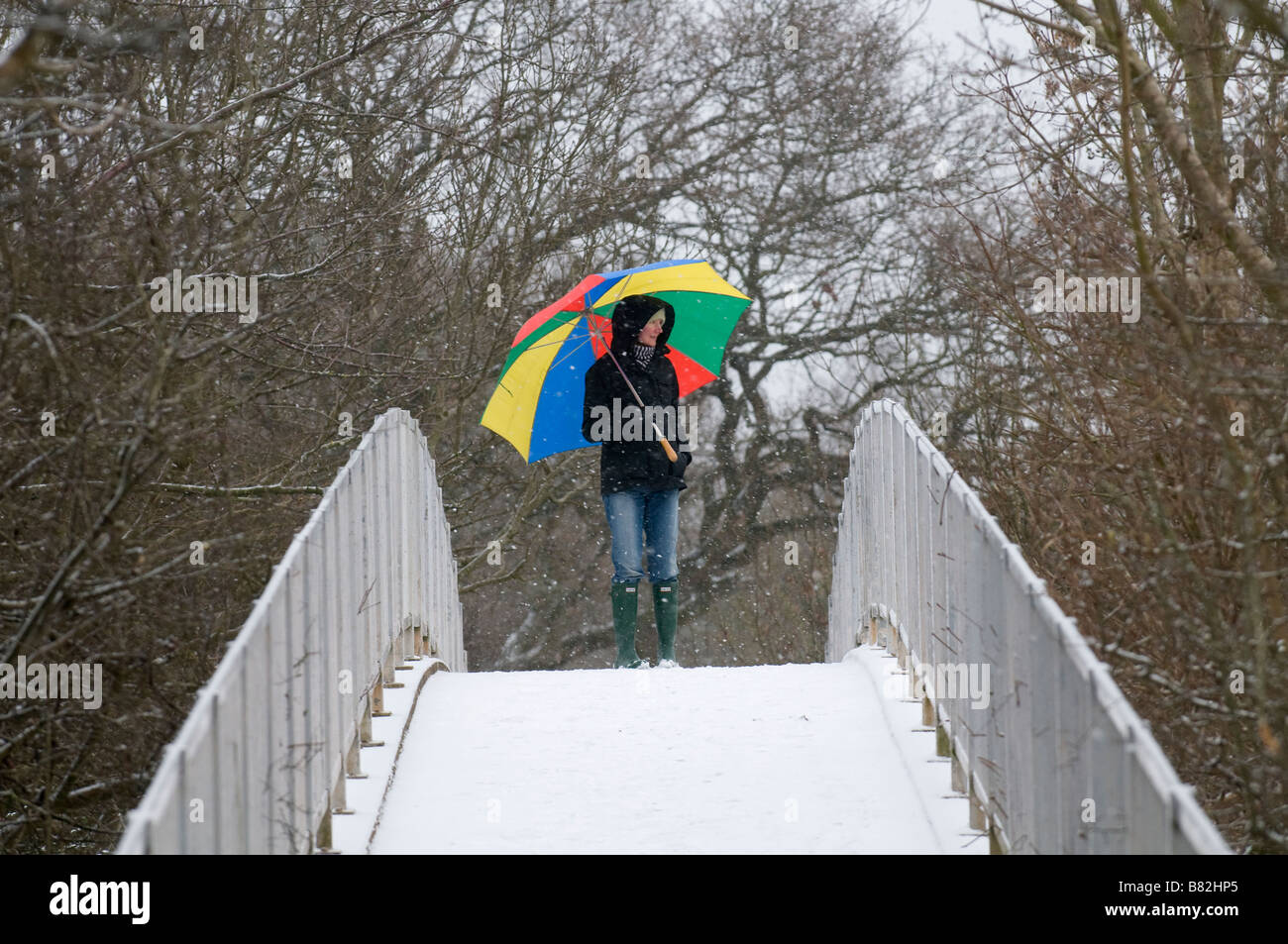 A woman with an umbrella walks through a heavy snow shower in Redditch ...