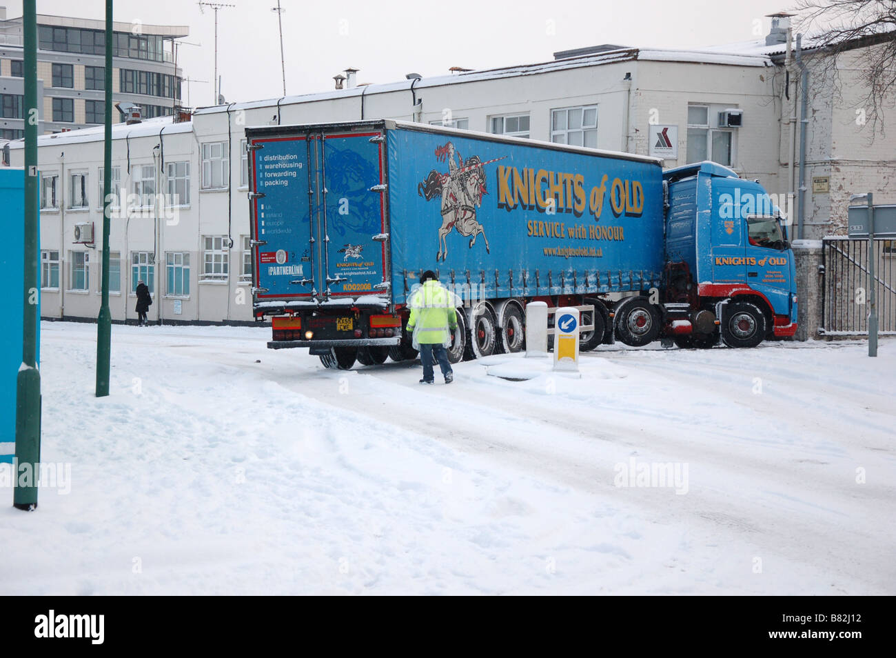 A Lorry turning on Grove Park during winter at Colindale, London ...