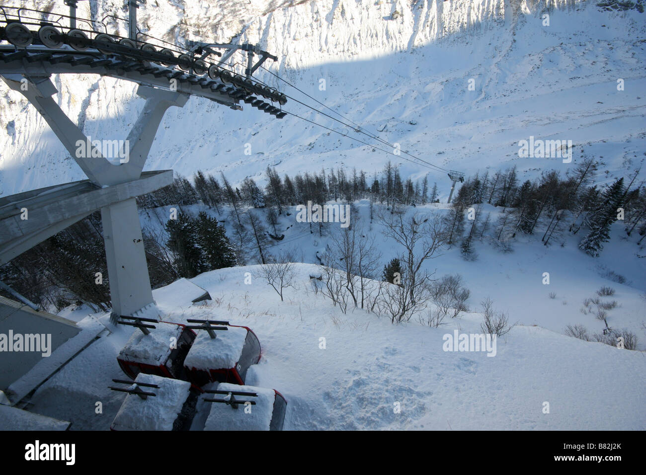 Snow-capped cable cars which take passengers from Montenvers rack ...