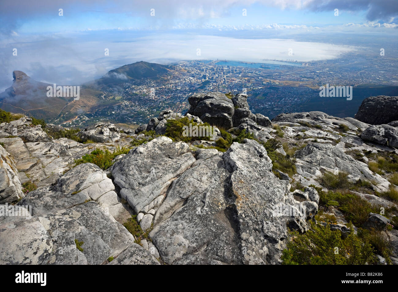scenic view looking down from the top of table mountain onto Cape Town ...