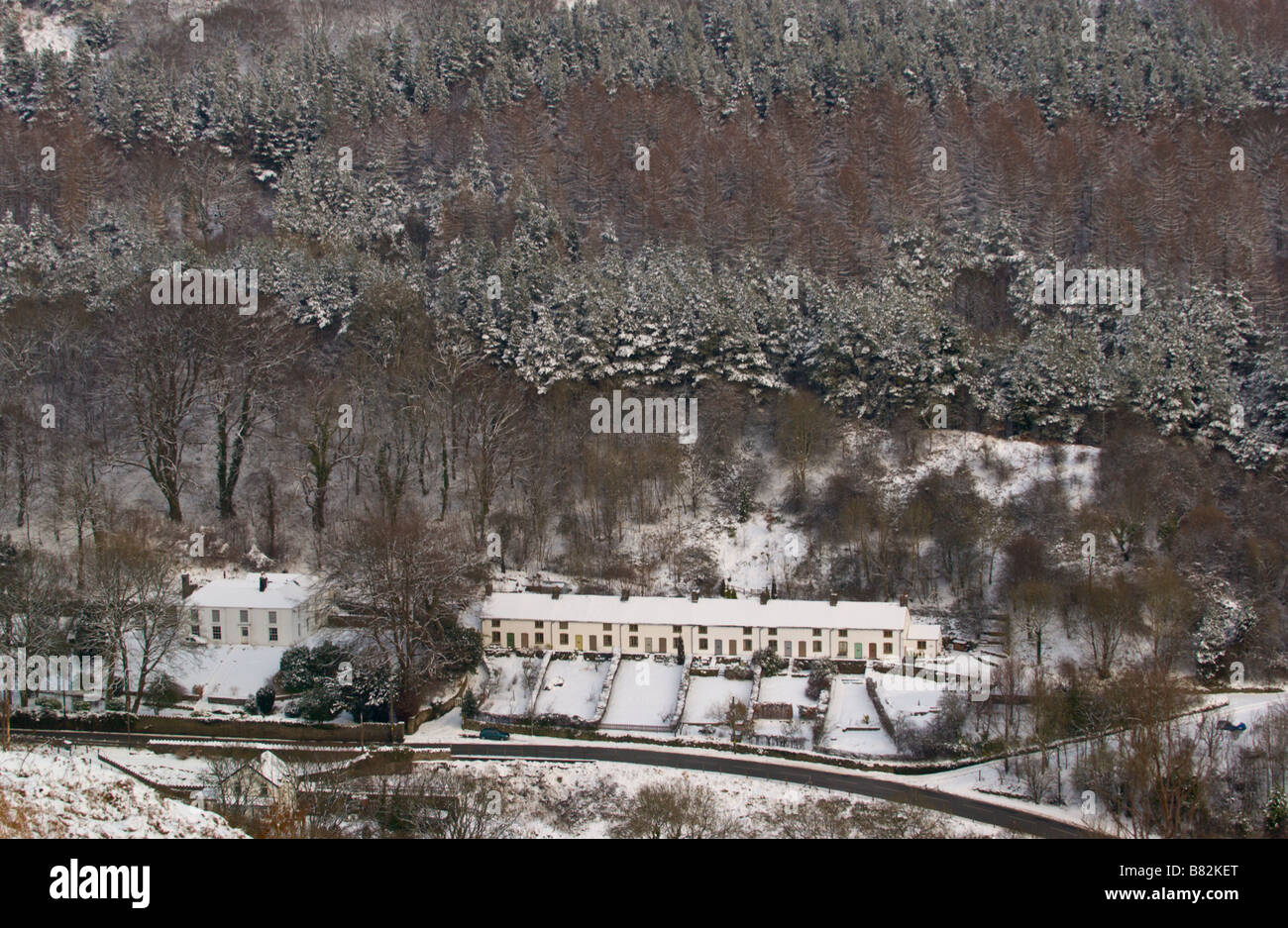 Snow at row of 18th century ironworkers cottage Cwmavon near Blaenavon ...