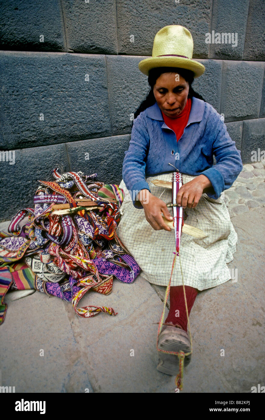 1, one, Peruvian, Quechua Indian woman, wearing hat, vendor, weaving ...