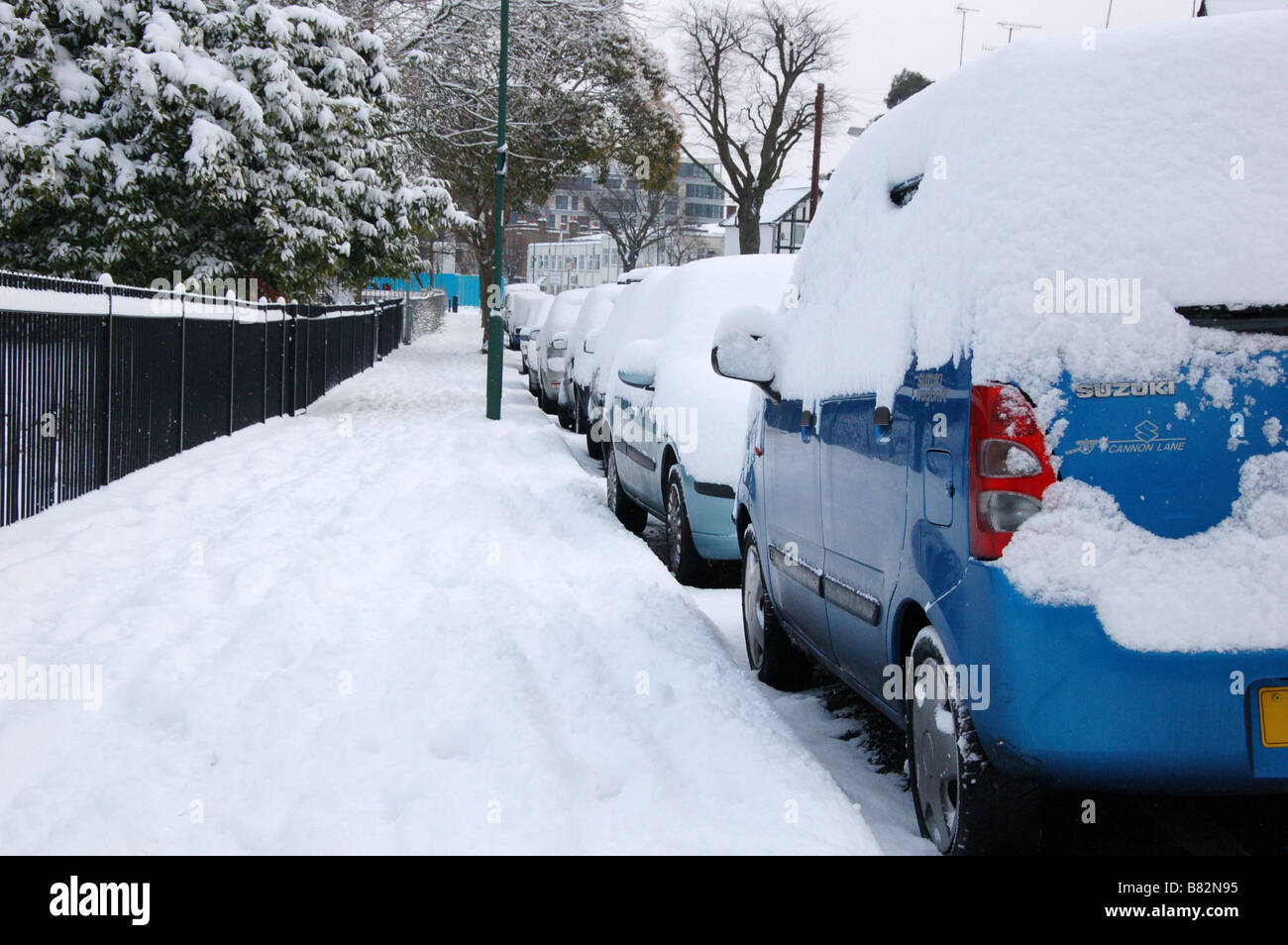 Snow on Evelyn Avenue during winter at Colindale, London, England, Uk ...