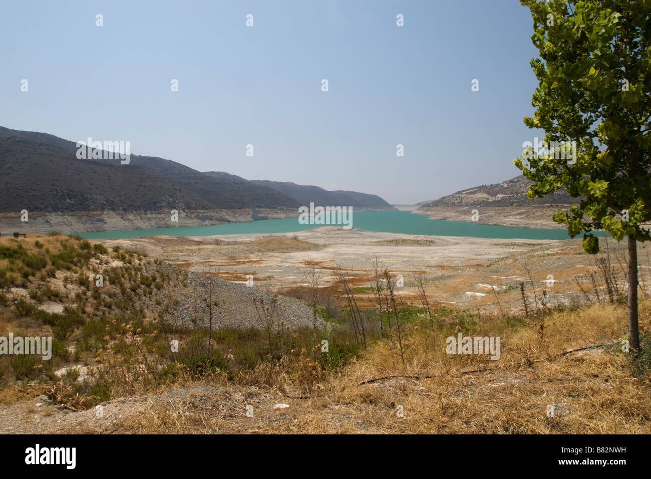 View of Kouris dam submerged flooded area and former Alassa village ...