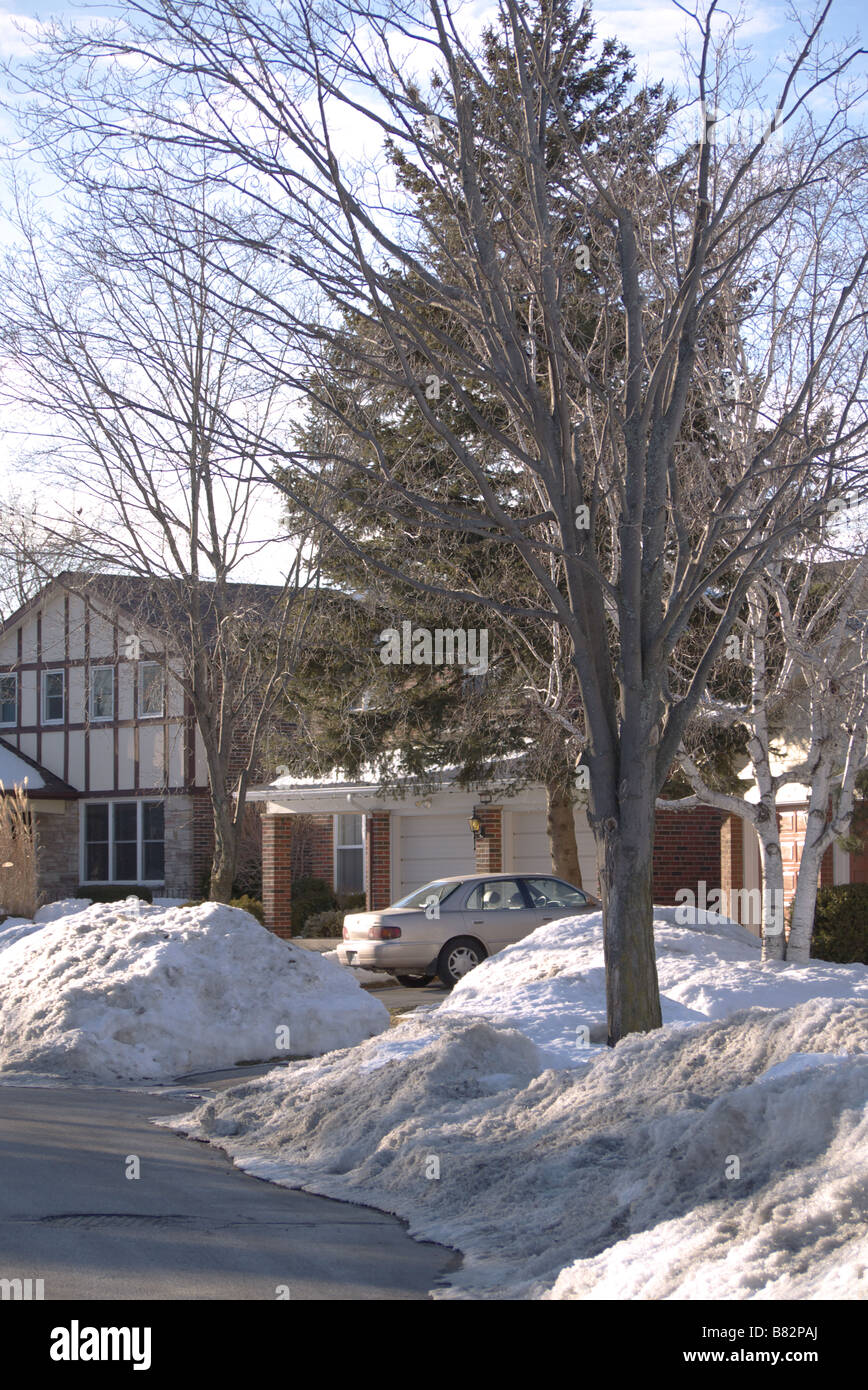 Dirty melting Snow on the side street/Road with Houses at the back in ...