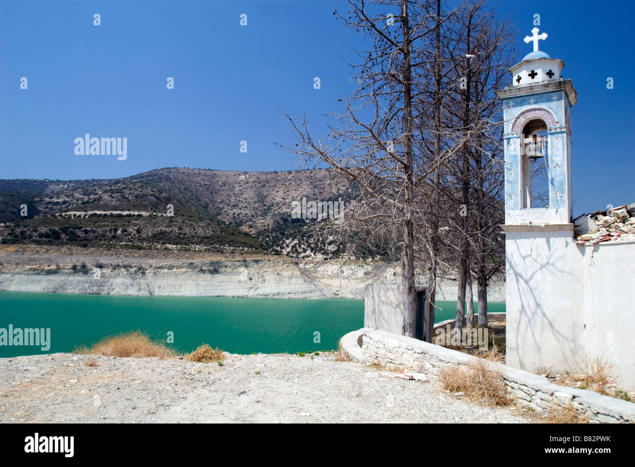 View of Agios Nicolas (Alasa) Church and Kouris Dam submerged area lake ...