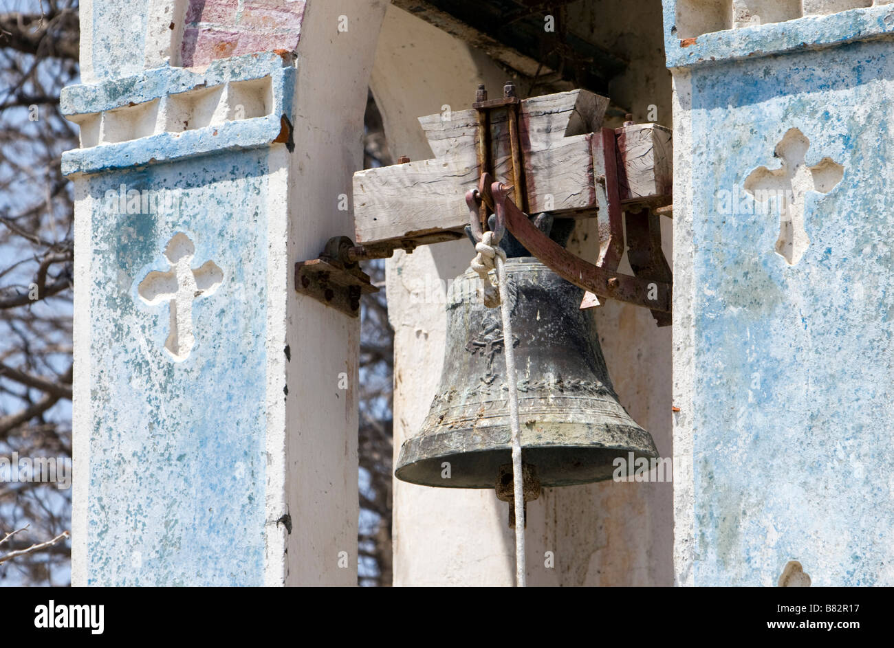 Close-up view of belfry tower old rusted bell of Agios Nicolas (Alasa ...