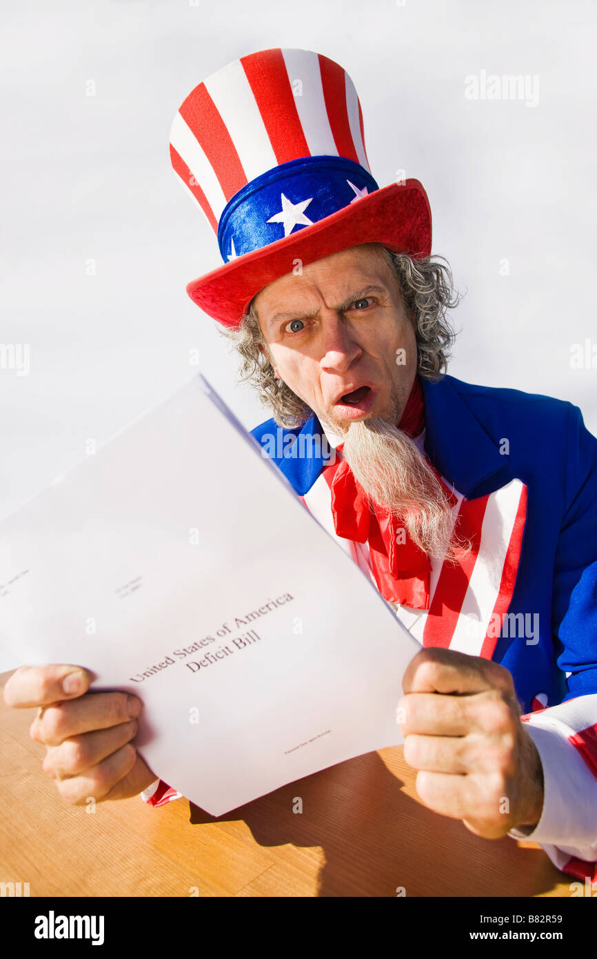 Portrait of an Uncle Sam Character looking shocked while reviewing the ...