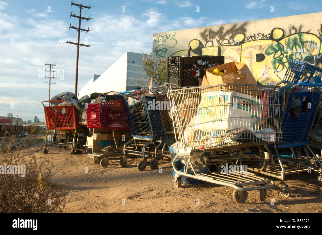A group of shopping carts filled with miscellaneous odds and ends used ...
