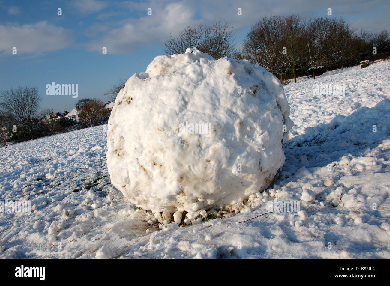 A snow ball in Montrose Park during winter at Edgware, London, England ...