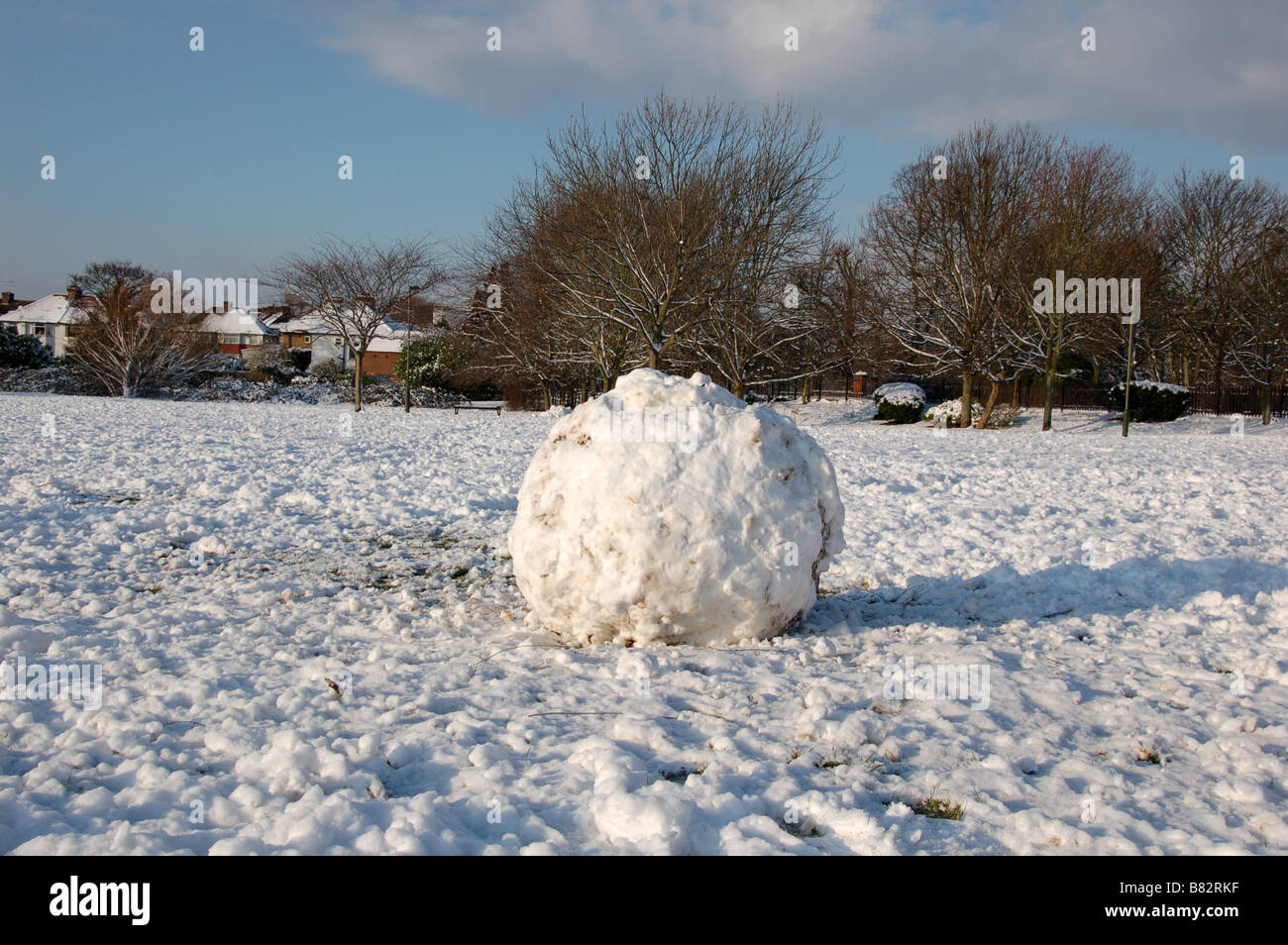 A snow ball in Montrose Park during winter at Edgware, London, England ...