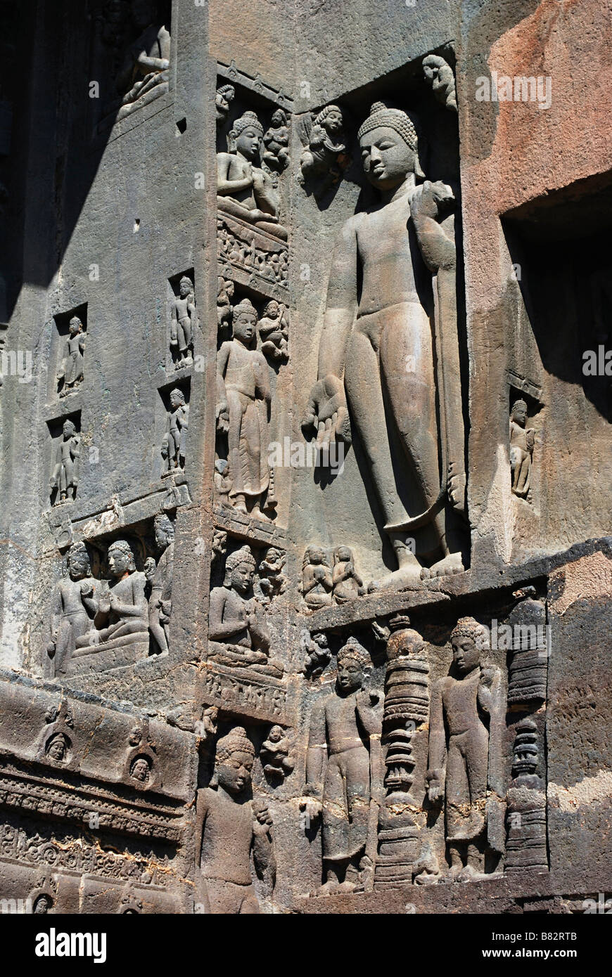 Ajanta Cave 19: Facade, right side view with intrusive Buddhas ...