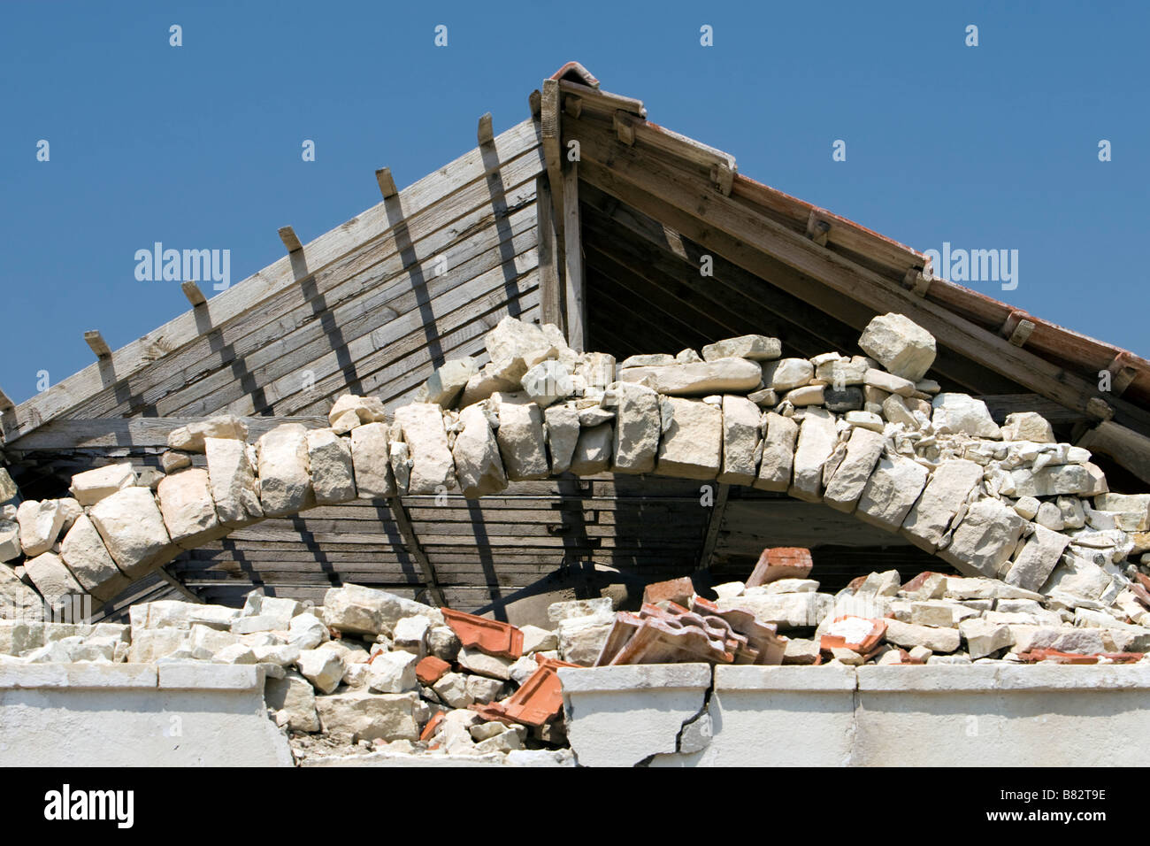 Front view on the destroyed roof sheeting of Agios Nicolas (Alasa ...