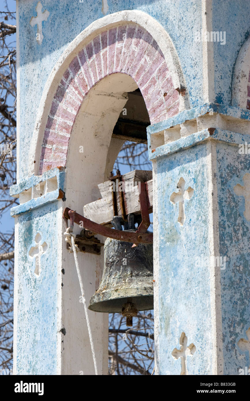 Close-up view of belfry tower old rusted bell of Agios Nicolas (Alasa ...