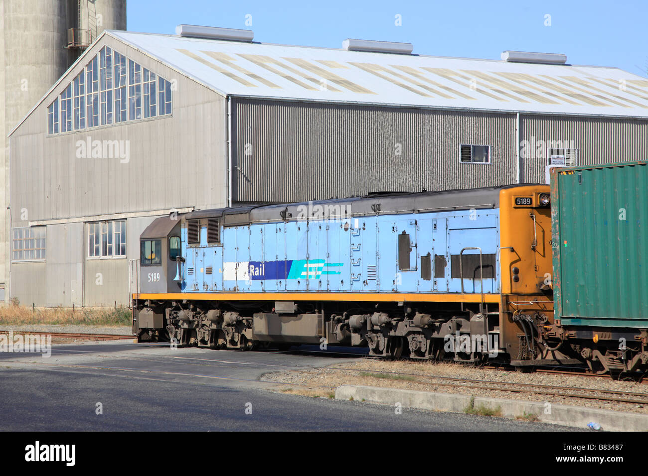 Diesel locomotive train near railway crossing,Timaru,Canterbury,South ...
