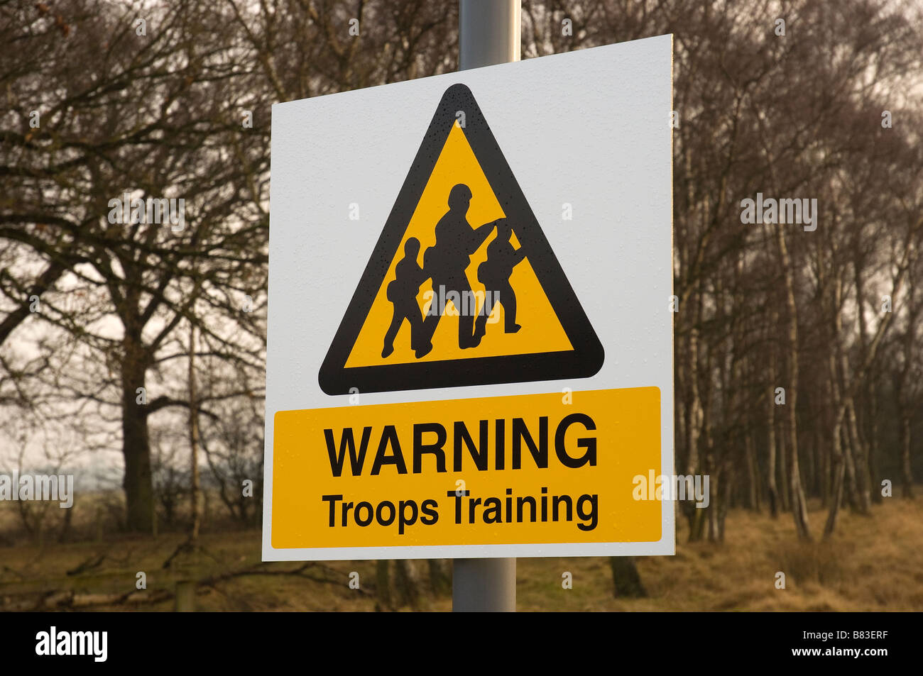 Troops training sign covered in dew England UK United Kingdom GB Great ...