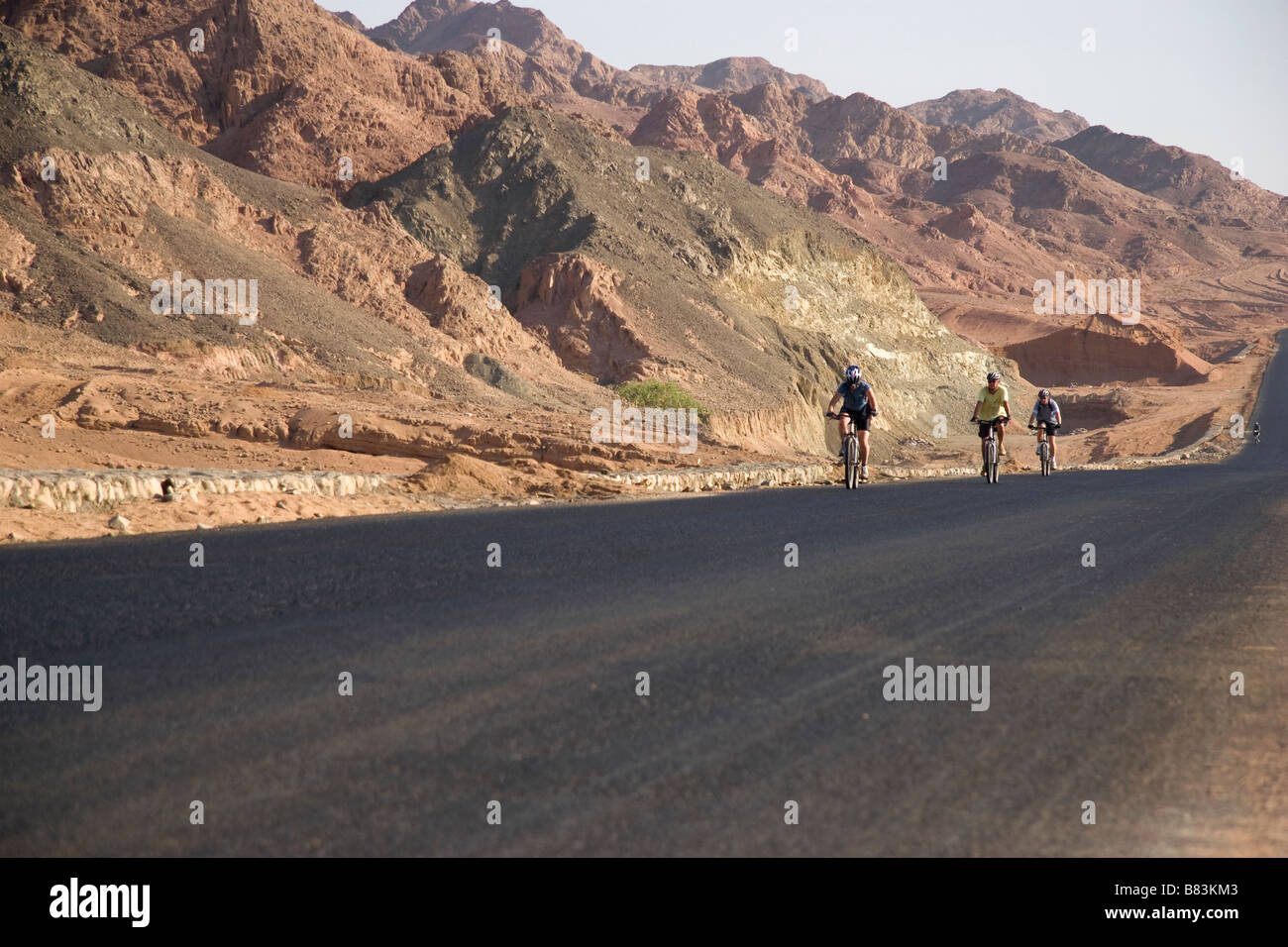 Cyclists mountain biking in the desert above the Sinai resort of Dahab ...