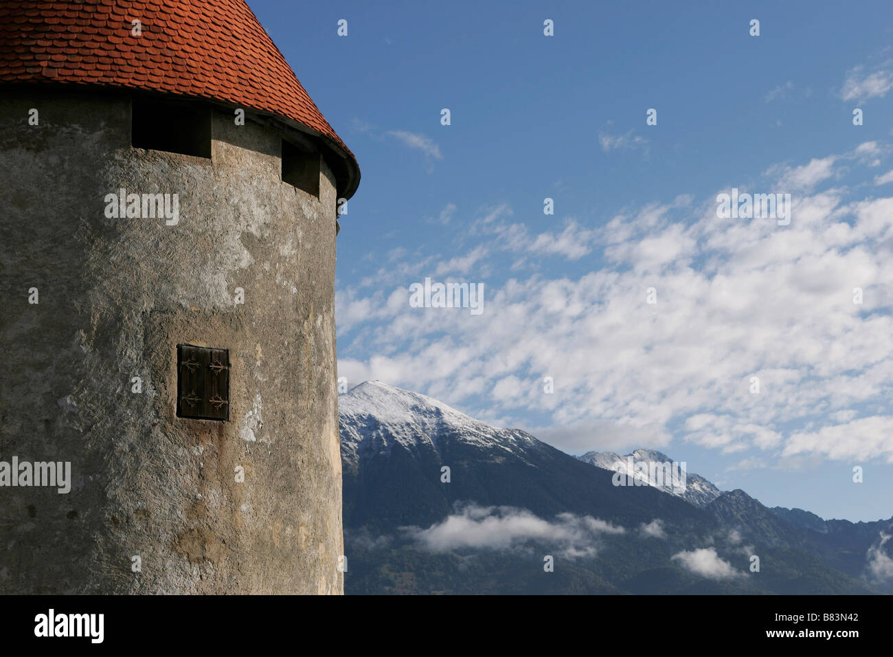 The tower of the medieval Bled Castle (Blejski Grad) perched on a steep ...
