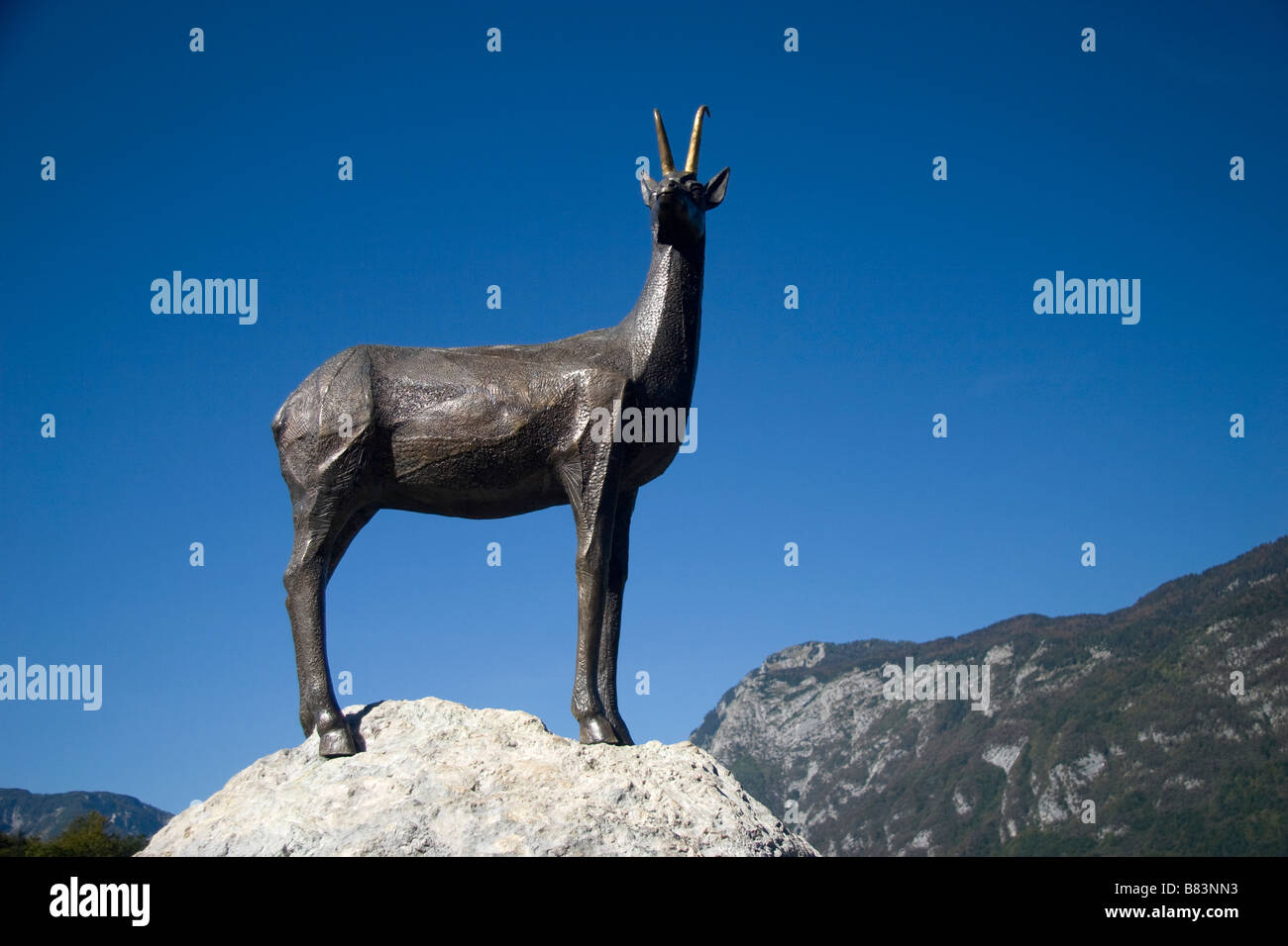 Sculpture of Zlatorog, the mythical chamois with golden horns, on the ...