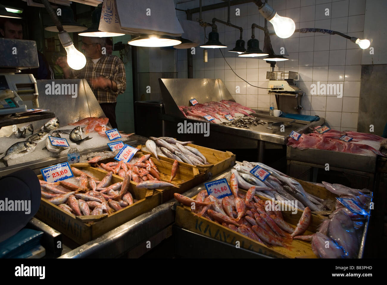 Central Market in Athens, Greece, fresh fish and sea delicacies ...