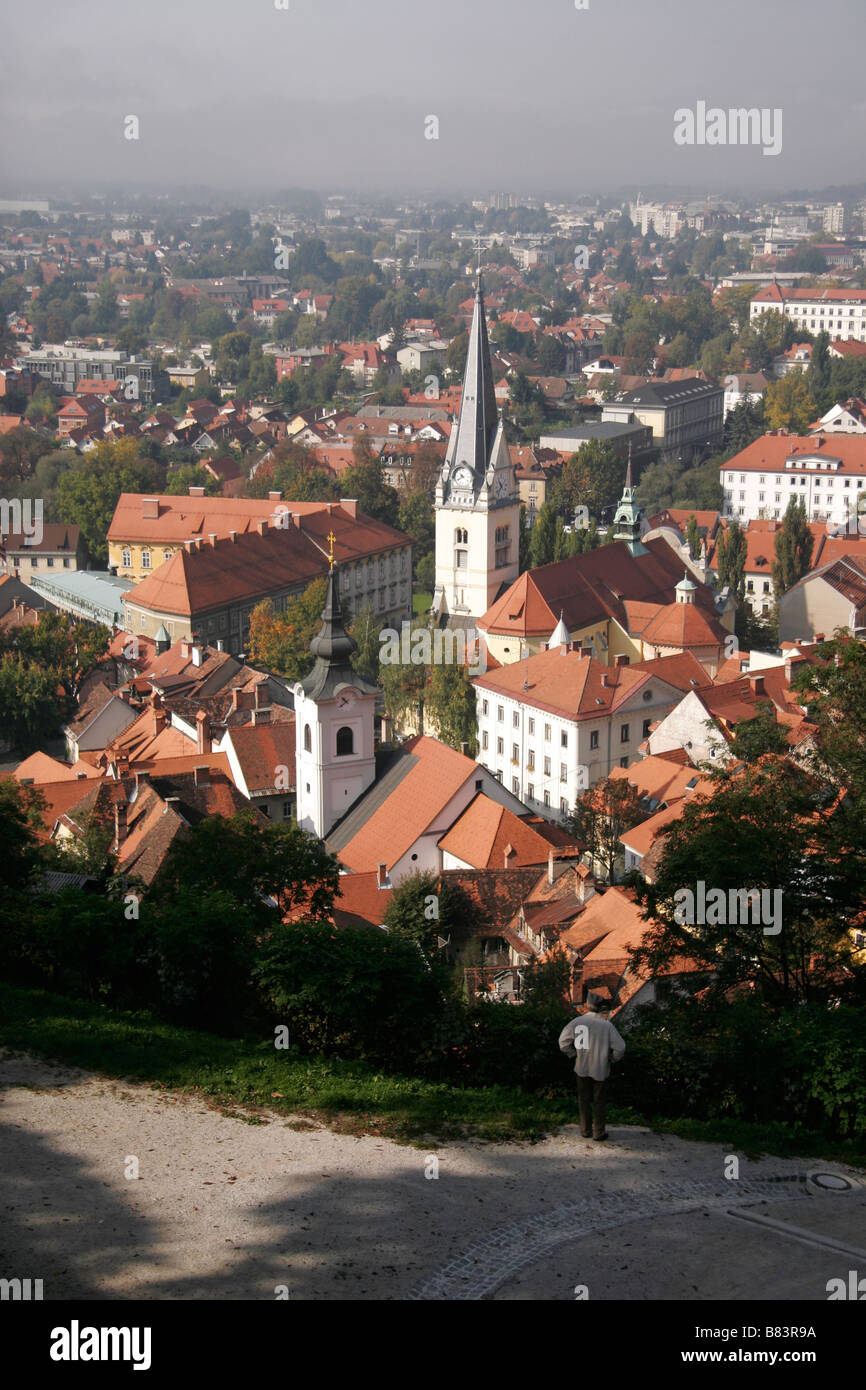 View from Ljubljanski grad (castle) grounds of Ljubljana, the capital ...