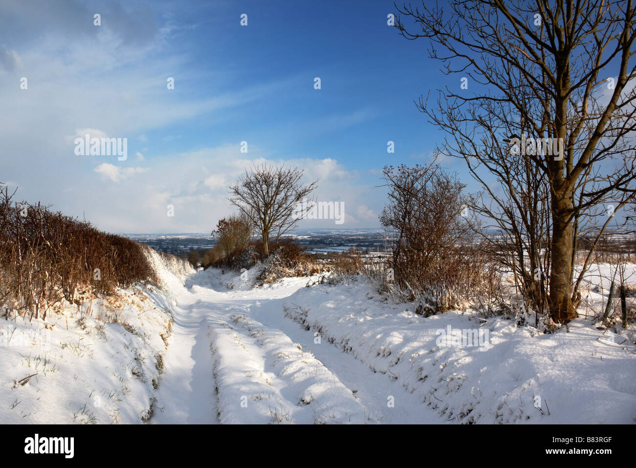 A snow covered country lane in North Yorkshire in the United Kingdom ...