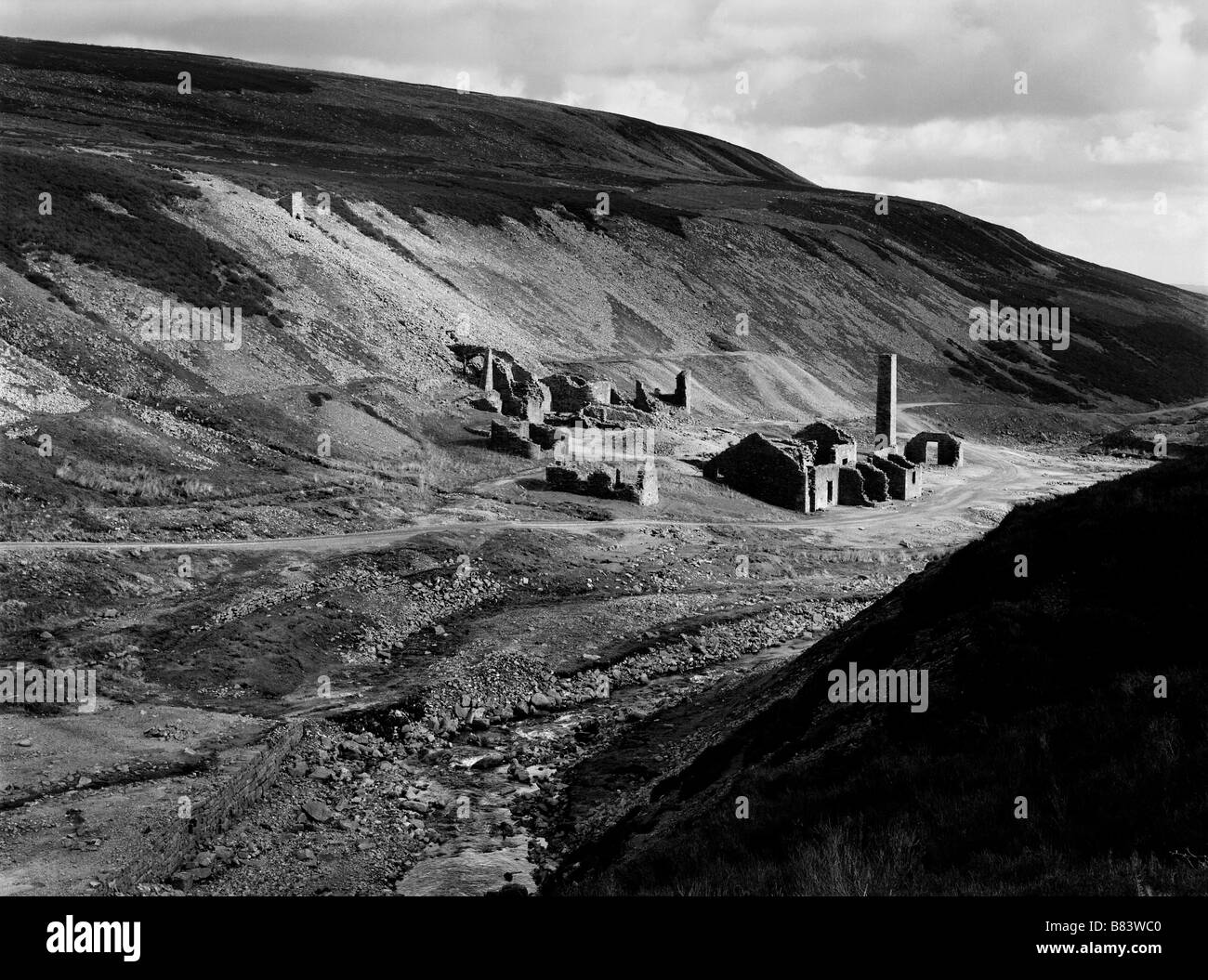 Sunlight picks out the remains of the Old Gang Mines, an abandoned lead ...