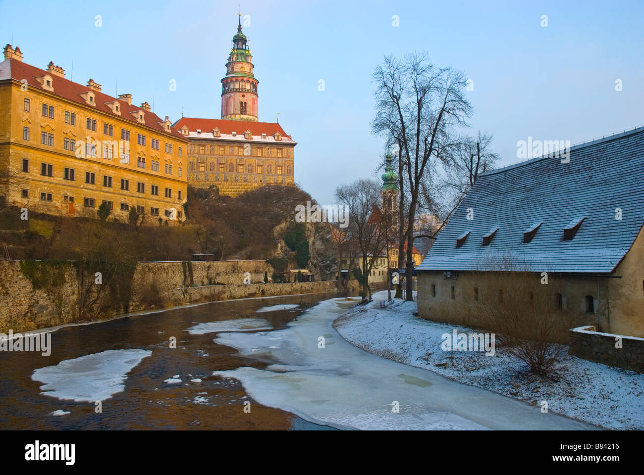River Vltava in winter at Cesky Krumlov Czech Republic Europe Stock ...