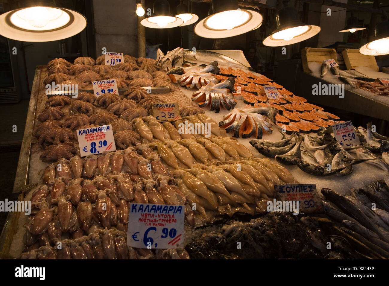 Central Market in Athens, Greece, fish and sea delicacies ...