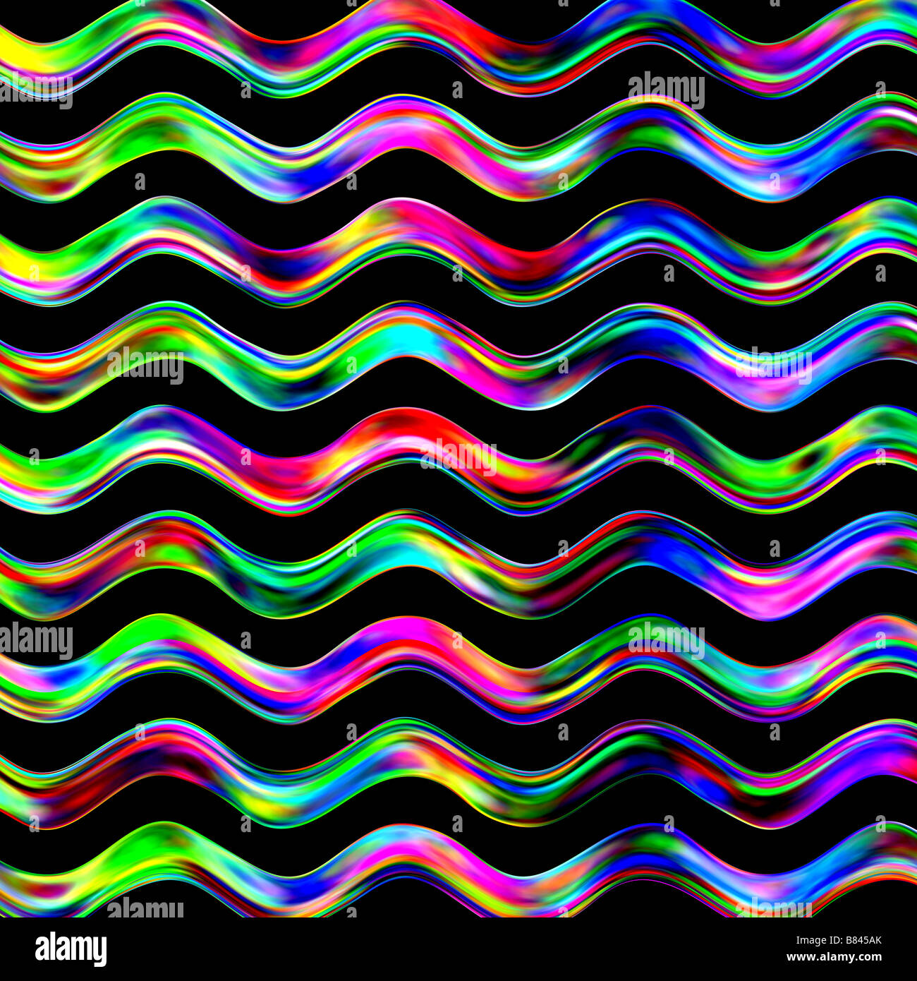 An abstract illustration of rainbow colored waves floating on a black ...