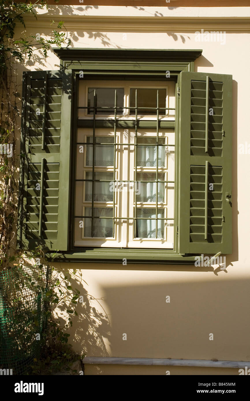 Athens old renewed architecture, Plaka, window, green shutters Stock ...