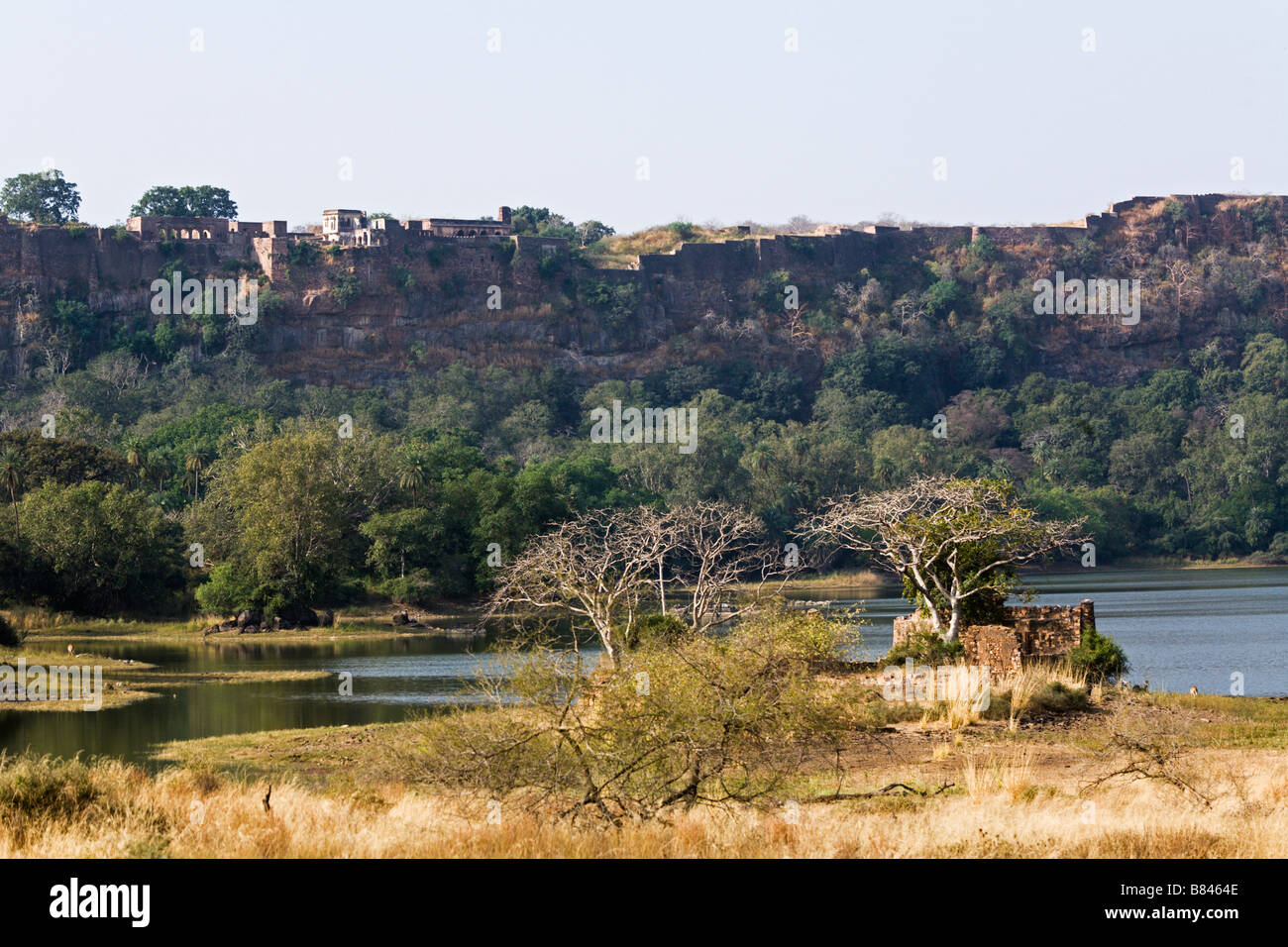 View of the ancient Ranthambore Fort ruined pavillions and lakes in ...