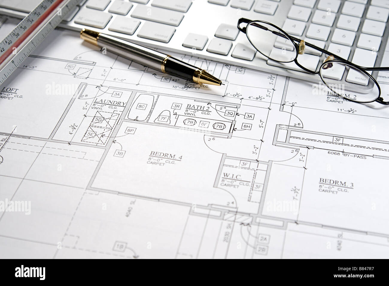 Modern architect s office with blueprint and computer keyboard Stock ...