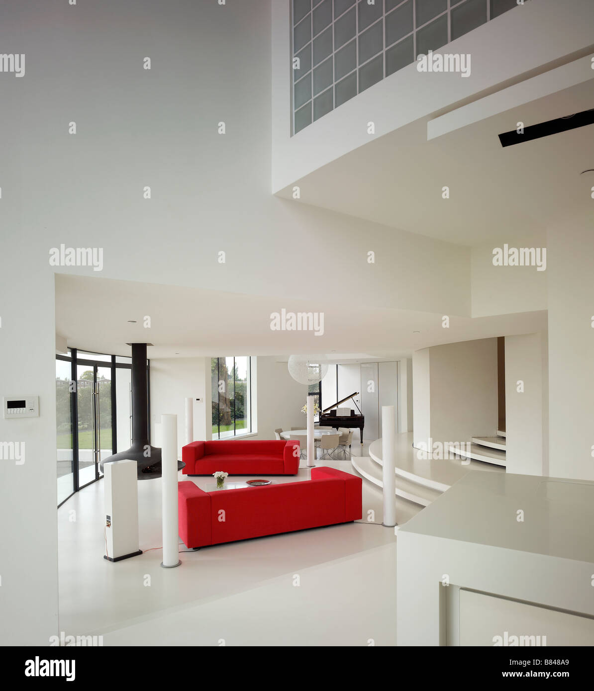 Red Sofa Living Room Tall Windows