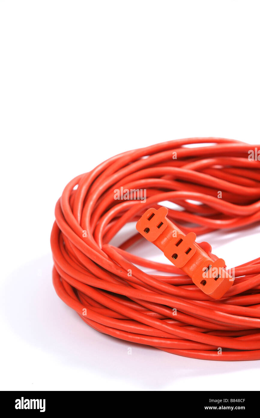 A 100 foot orange extension cord coiled up with a three way splitter ...