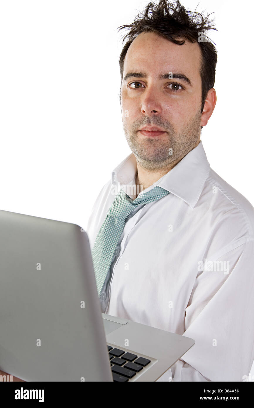 Shot of a Messy Business Man Holding Laptop with Glum Look on Face ...