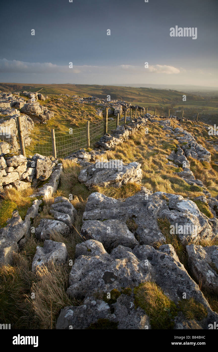view over the north yorkshire dales with limestone in the forground at ...