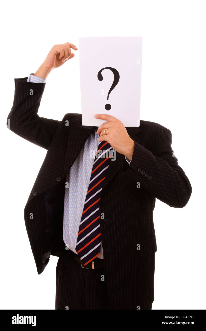 who is this businessman hiding behind the question mark selective focus ...