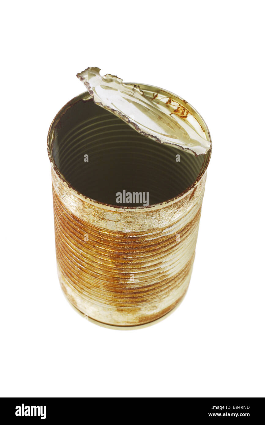 Top view of open rusty tin can on white background Stock Photo - Alamy