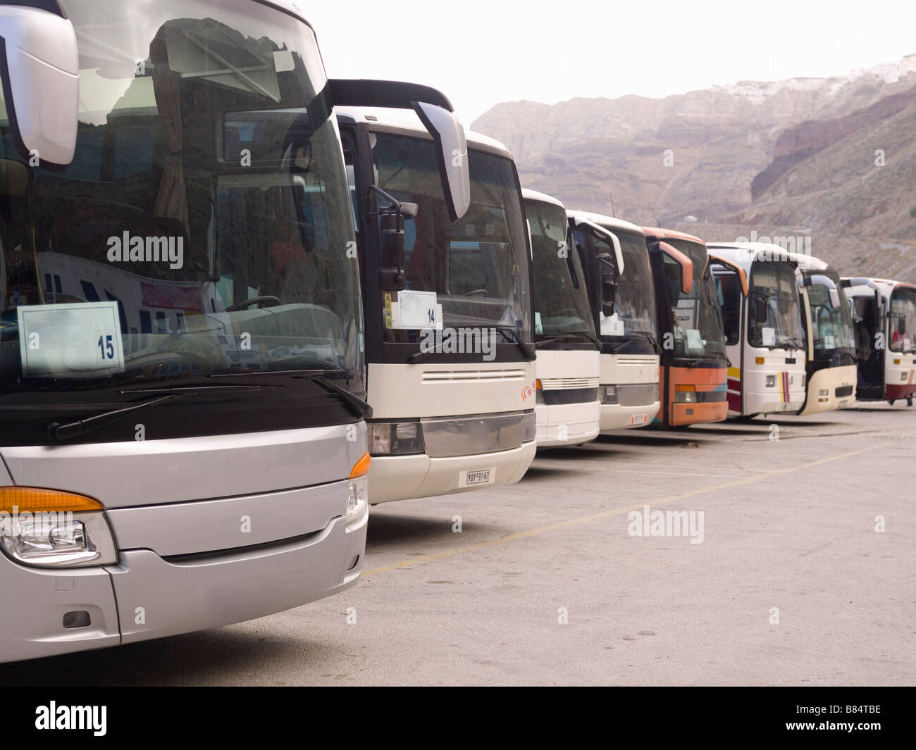 Santorini, Greece; Tour buses lined up Stock Photo - Alamy
