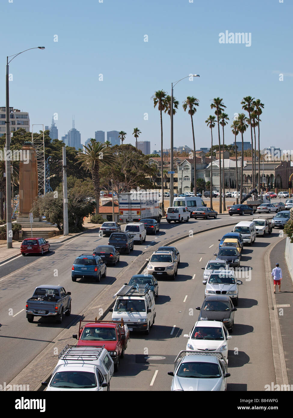 CARS QUEUING ON BUSY ROAD IN ST KILDA NEAR MELBOURNE VICTORIA AUSTRALIA ...