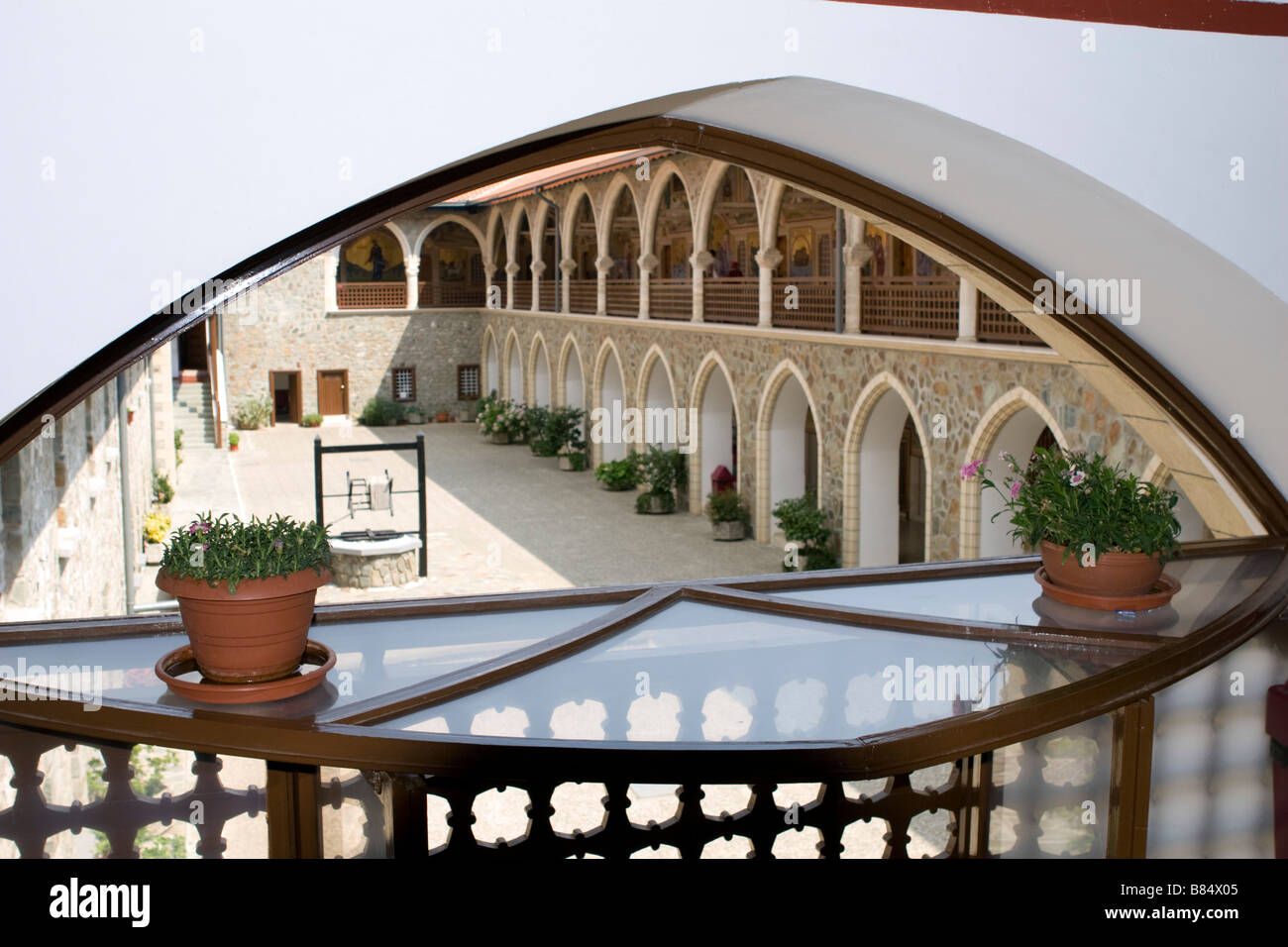 View on interior court yard and open gallery of through window, Kykkos ...