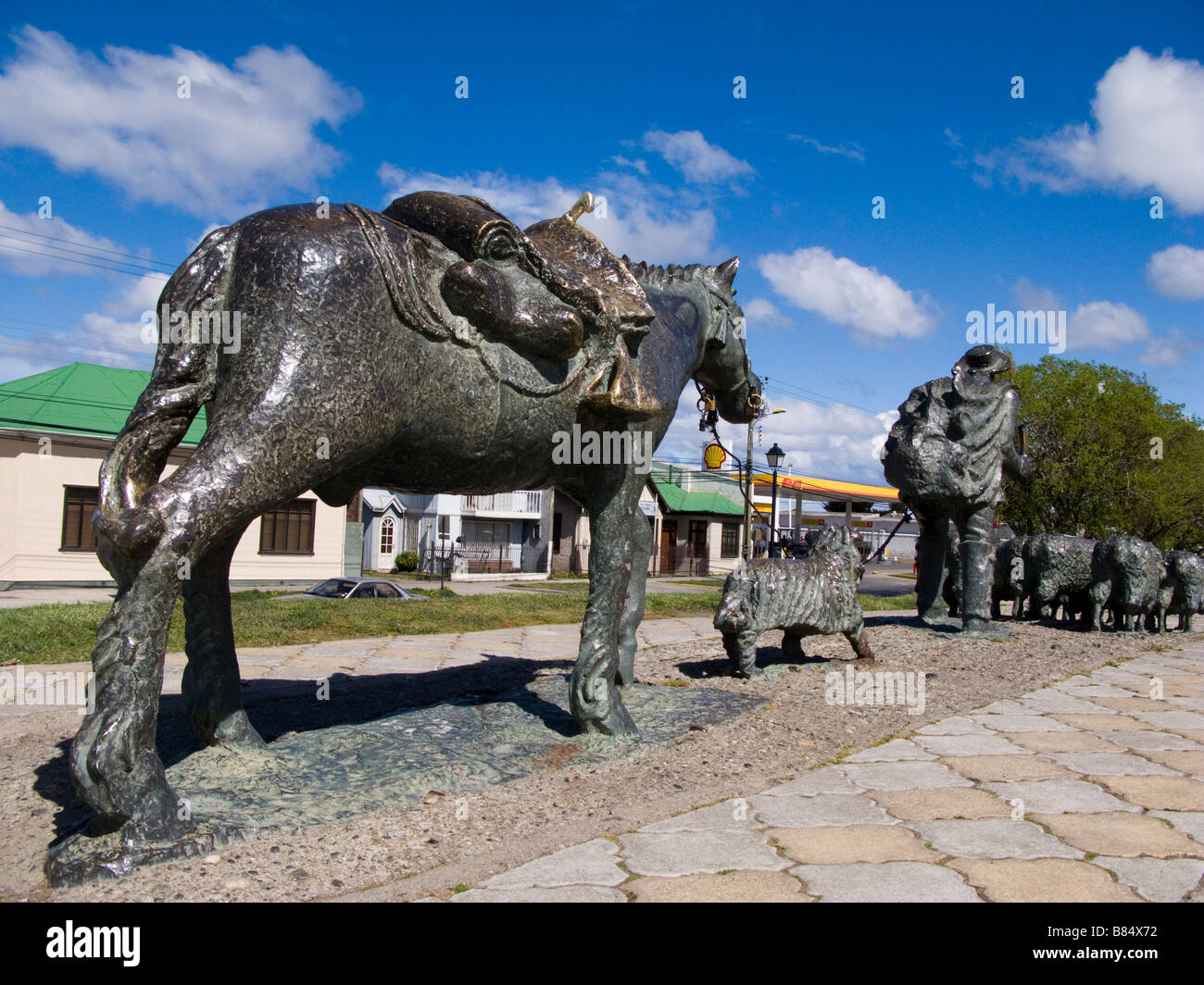 Statues of farmer and animals in punta arenas patagonia hi-res stock ...