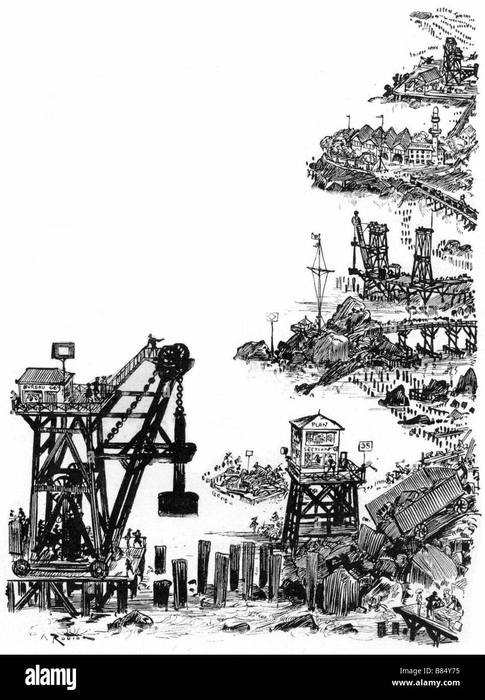 Constuction work of the sixth continent, illustration by Robida Stock ...