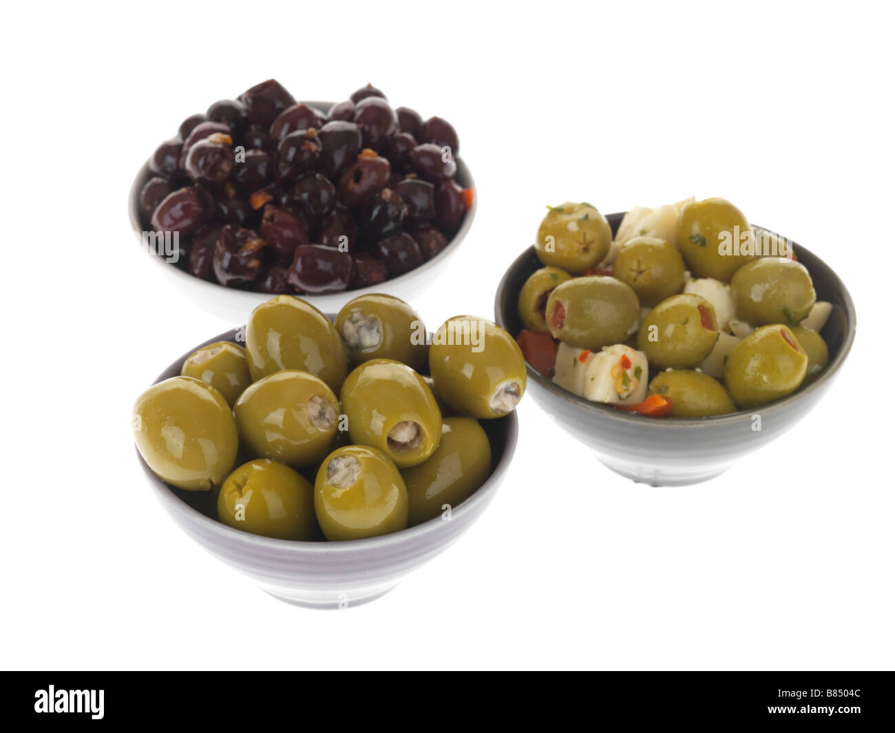 Bowls Of Mixed Green And Black Healthy Ripe Savoury Olives Isolated ...