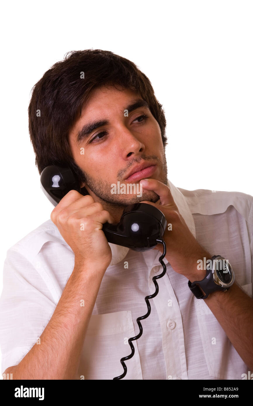 young men talking with a old telephone Stock Photo - Alamy