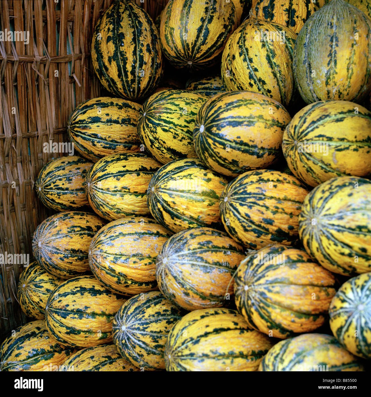 Melons for sale on a market stall in Turkey Stock Photo - Alamy