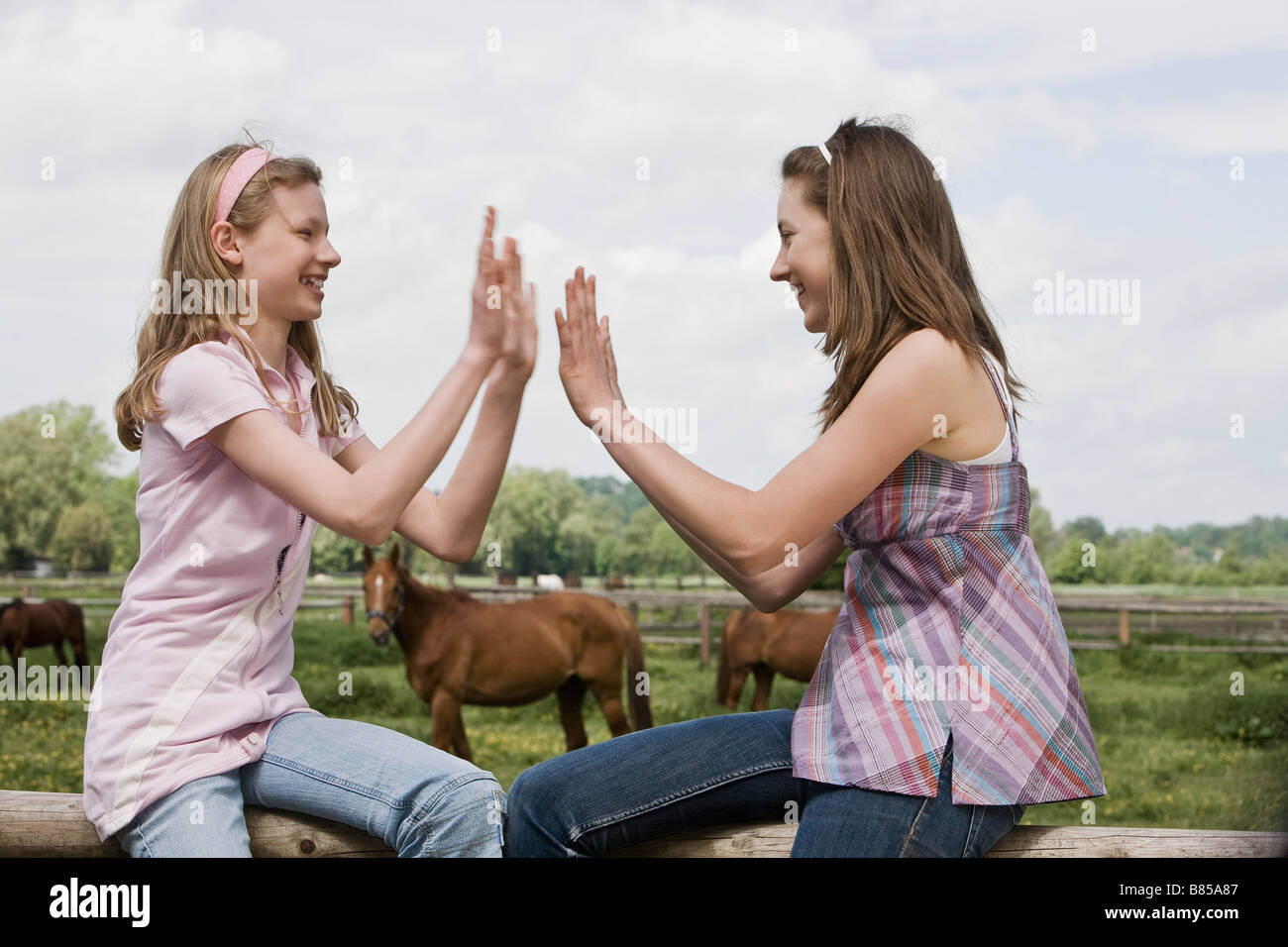 two friends playing together on horse ranch Stock Photo - Alamy