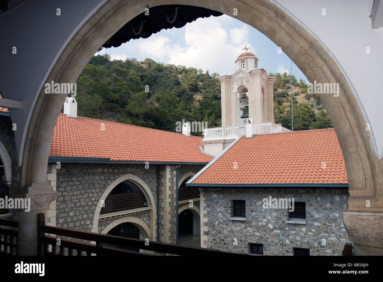 View on Kykkos Monastery belfry and interior courtyard from gallery ...
